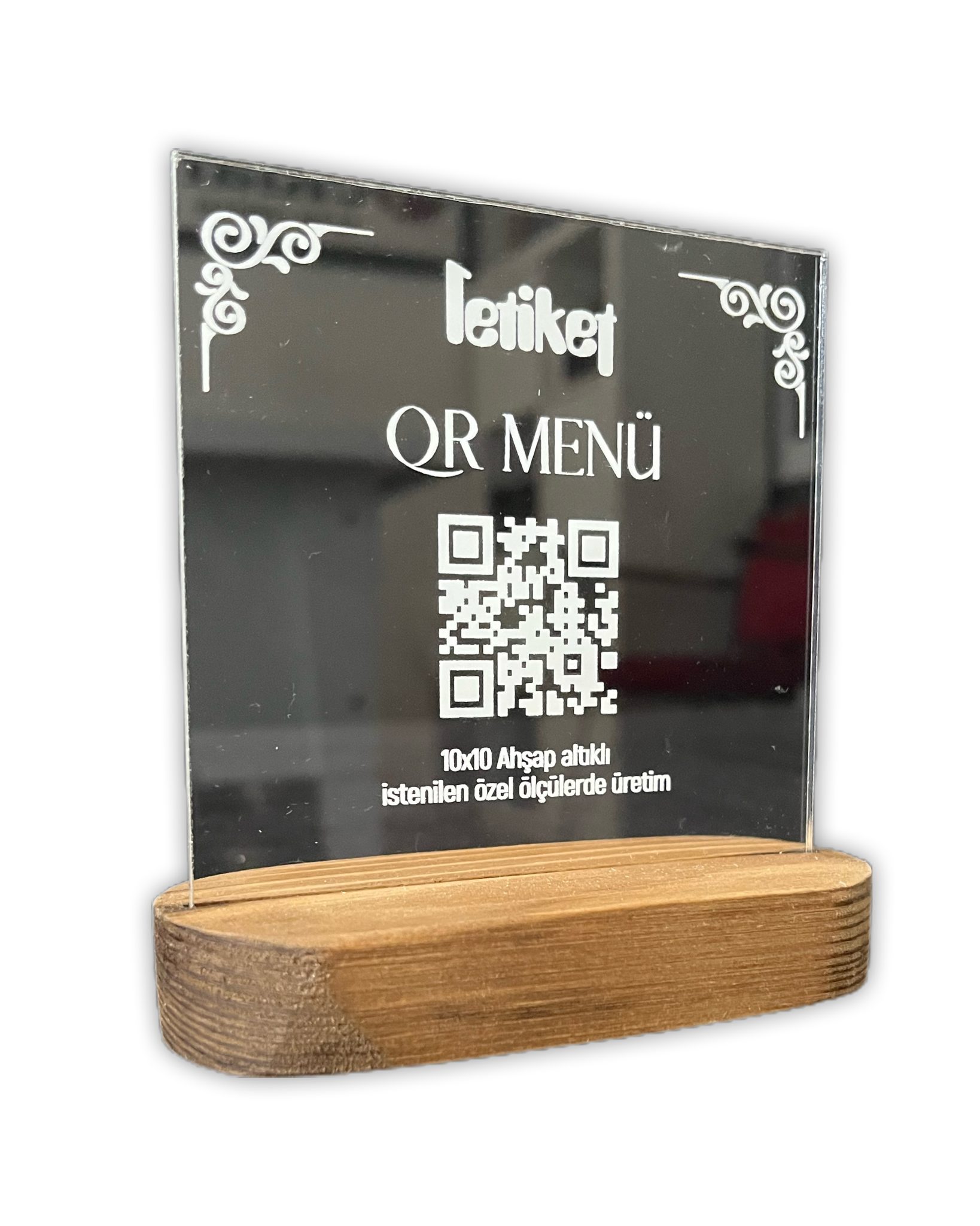 Ahşap Altlıklı - Pleksi QR Menü Tasarımı 10x10cm - 1Etiket